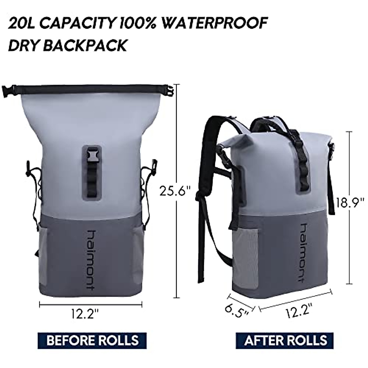 Haimont Dry Bag Waterproof Backpack, Heavy Duty Roll Top Dry Backpack for Men Women SUP, Floating, Sailing, Surfing, 20L, Dark Grey/Light Grey