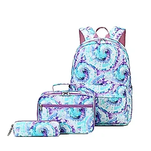 ZHIERNA School Backpack 3PCs Set With Lunch Bag, Tie Dye Bookbags with Pen Case For Teen Girls Kindergarten Elementary(Green)