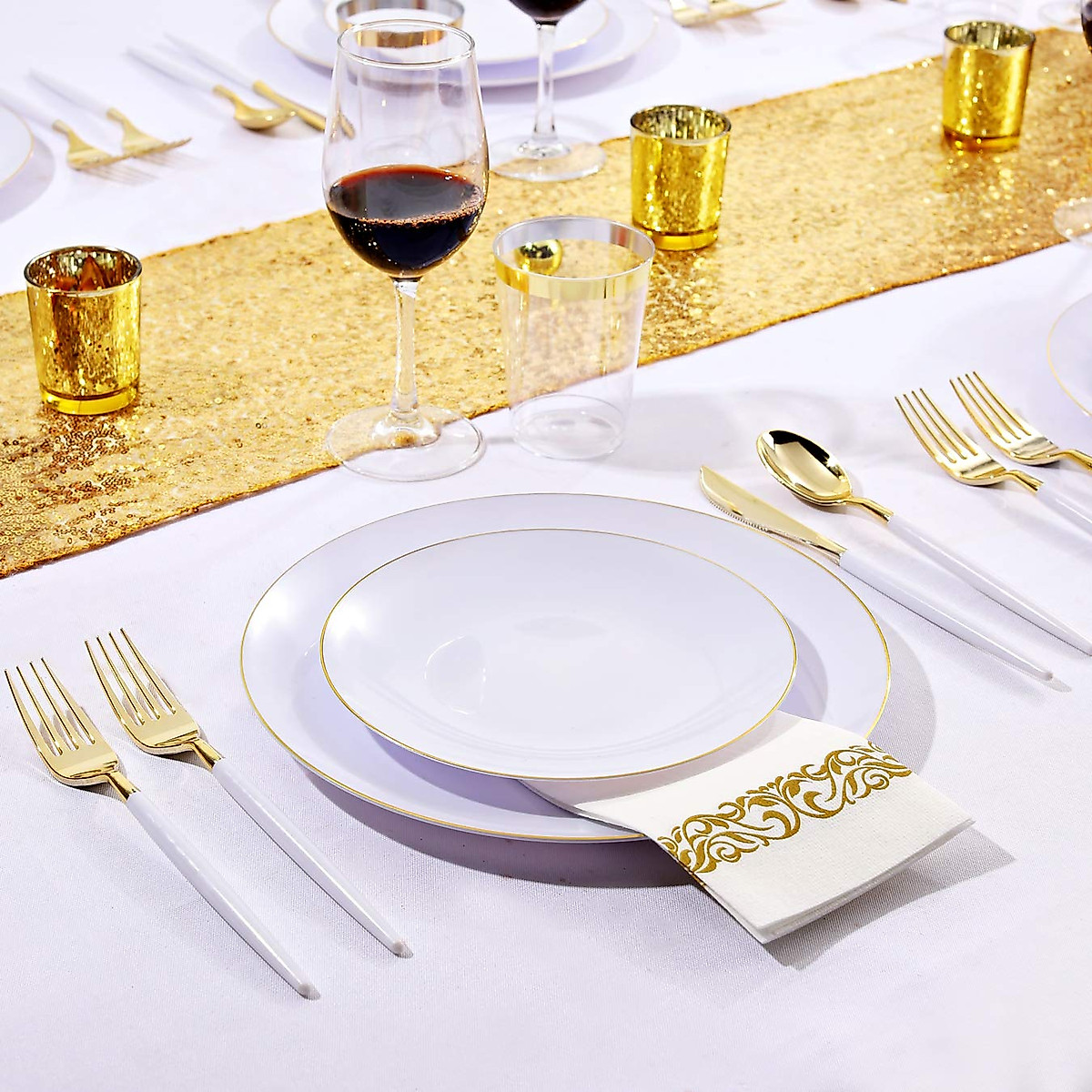 Nervure 140PCS White and Gold Plastic Plates & Disposable Gold Plastic Plates - 20 Dinner Plates, 20 Dessert Plates, 60 Gold Plastic Silverware, 20 Cups, 20 Napkins for Weddings & Party