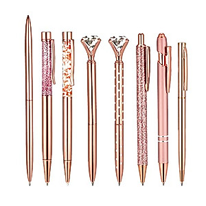 TOYMIS 8pcs Rose Gold Ballpoint Pen, Crystal Metal Rose Gold Pens Black Ink Fine Point Tip Diamond Pens Rose Gold Glitter Ballpoint Pens for Wedding Home School Office Supplies