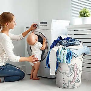 HoaMoya Collapsible Cute Elephant Ballerina Laundry Basket Cartoon Animal Freestanding Laundry Hamper With Handles Large Waterproof Cloth Toy Storage Bin for Household Bedroom Bathroom