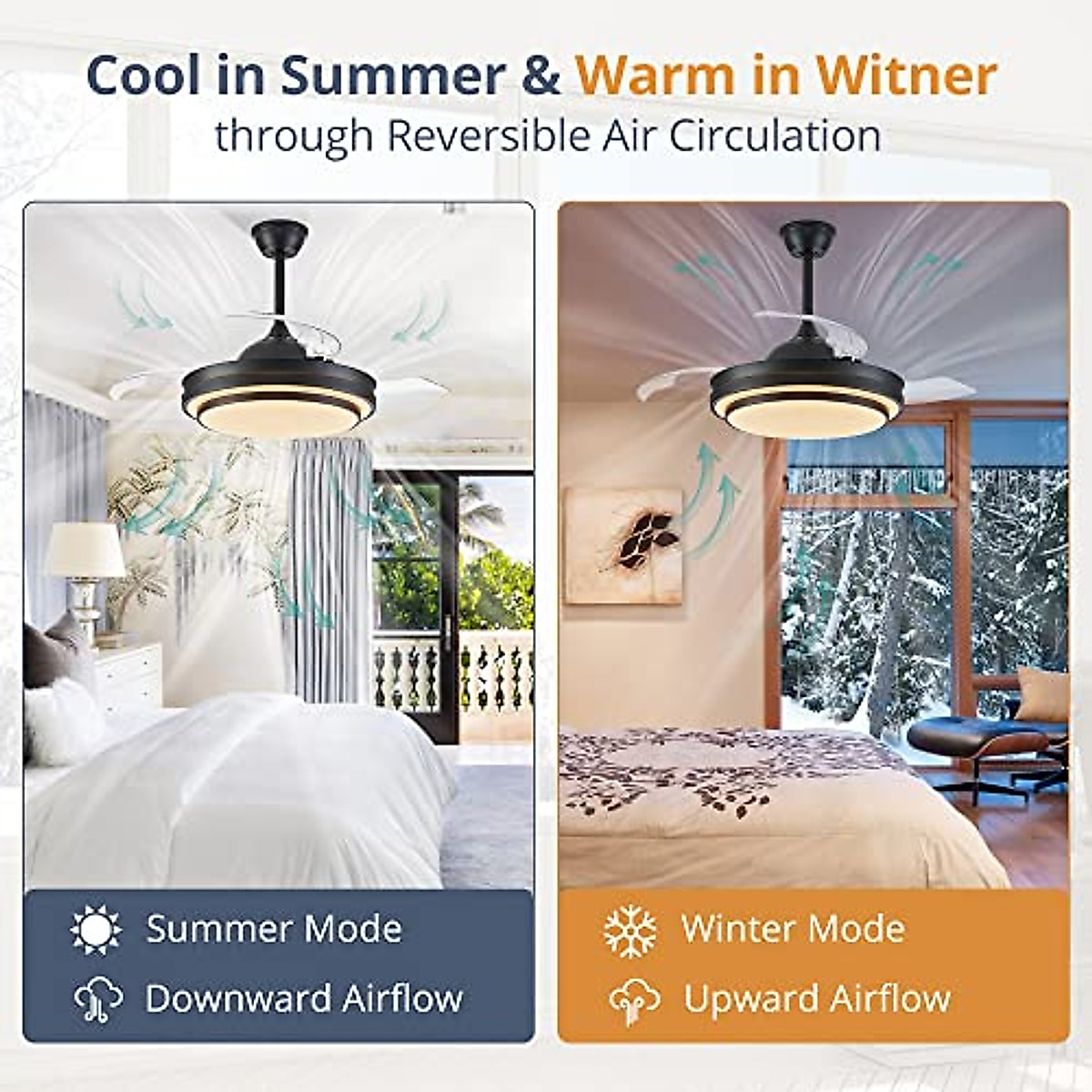 LEDIARY 42 Inch Retractable Ceiling Fans with Lights and Remote, Bladeless Ceiling Fans with LED Lighting, Smart Modern Ceiling Fan, Stepless Color Changeable, Dimmable, Timer Setting - Black