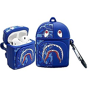APOSU Designer Case for Airpods 2 Silicone Cartoon Backpack Case for AirPods 1/2 with Keychain Cool Air Pods Skin for Teens Boys Girls Men Women Blue