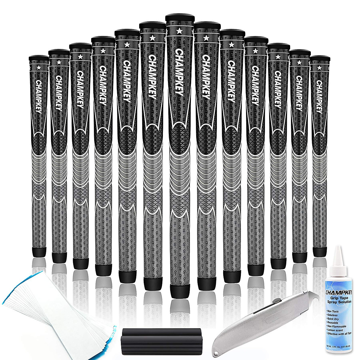 CHAMPKEY Polymer Golf Grips Set of 13 - Choose Between 13 Grips with 15 Tapes and 13 Grips with All Repair Kits (Black&Grey(Repair Kits Included), Midsize)