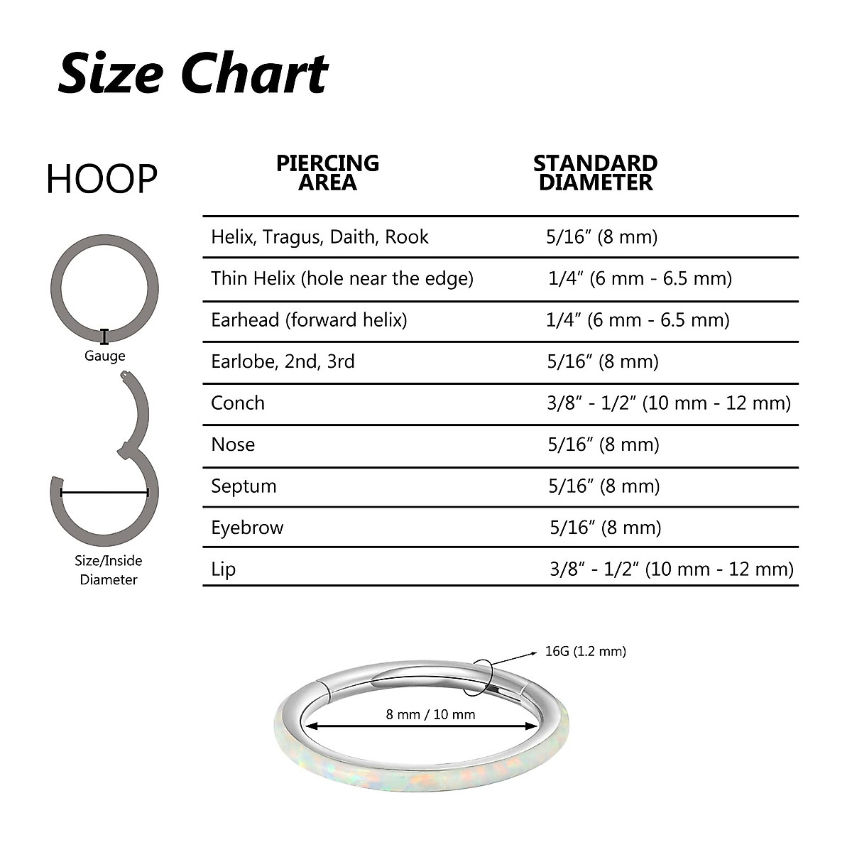 MIFANS Nose Ring Hoop, Lip Septum Cartilage Helix Tragus Conch Rook Daith Lobe Hoop Earrings Body Piercing Jewelry with White Opal 16G Diameter 8mm 10mm, Small Gold Hoop Earrings for Women Men