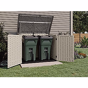 Suncast 5. 4 ft. x 3. 2 ft Horizontal Stow-Away Storage Shed - Natural Wood-like Outdoor Storage for Trash Cans and Yard Tools - All-Weather Resin, Hinged Lid, Reinforced Floor - Vanilla and Stoney