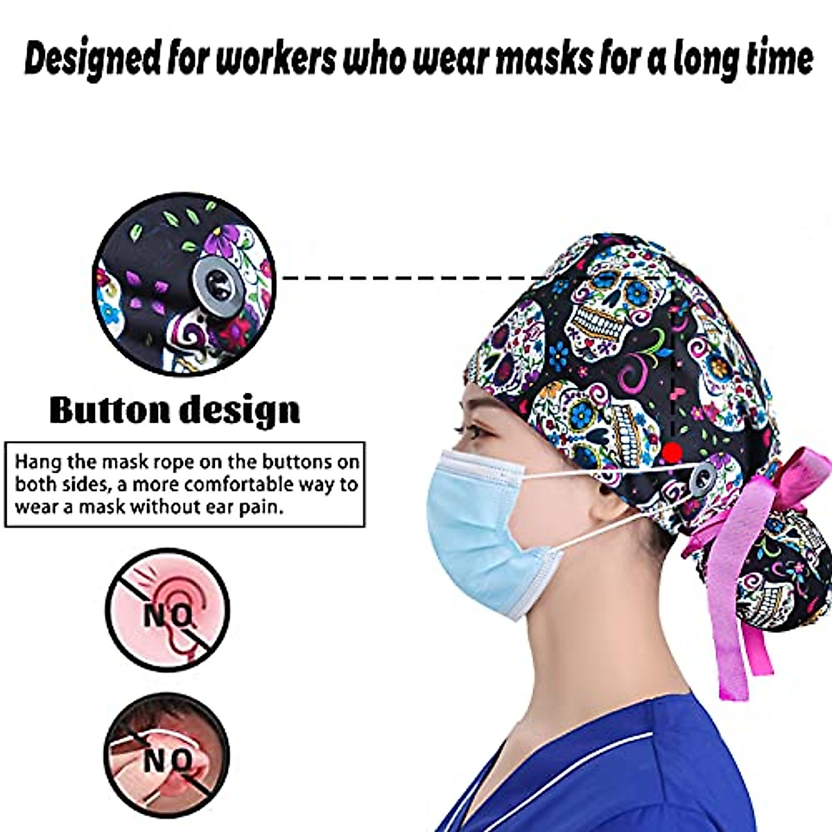 YUESUO 2 Pack Working Cap with Buttons and Sweatband,Cotton Working Hats with Adjustable Ponytail Pack Ribbon Tie Back Hats for Women & Men,Long Hair Head Covers Shower Caps (Q)
