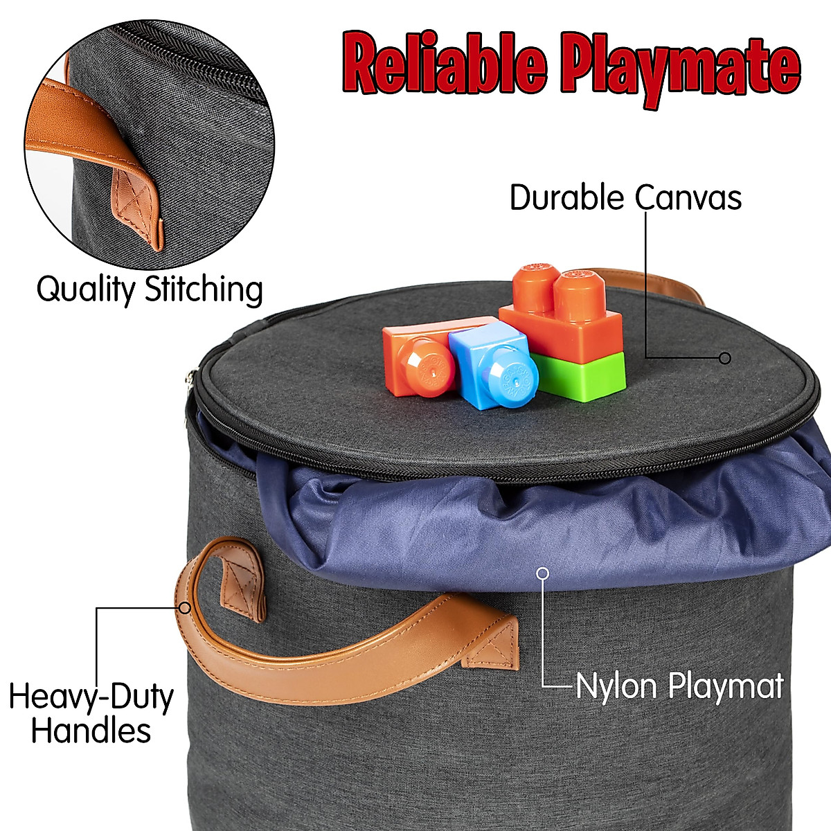 Toy Storage Basket and Playmat - Large Toy Blanket Storage Mat with Zippers - Slide Away Canvas Bag Storage Bin - Sturdy Kids Storage Baskets & Mat - Toy Bag Play Mat For Girls & Boys, Dark Charcoal