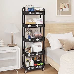 UDEAR 5-Tier Rolling Utility Cart with 12 Category Labels,Multifunctional Storage Shelves with Handle and Lockable Wheels for Room,Office,Kitchen,Bathroom,Black