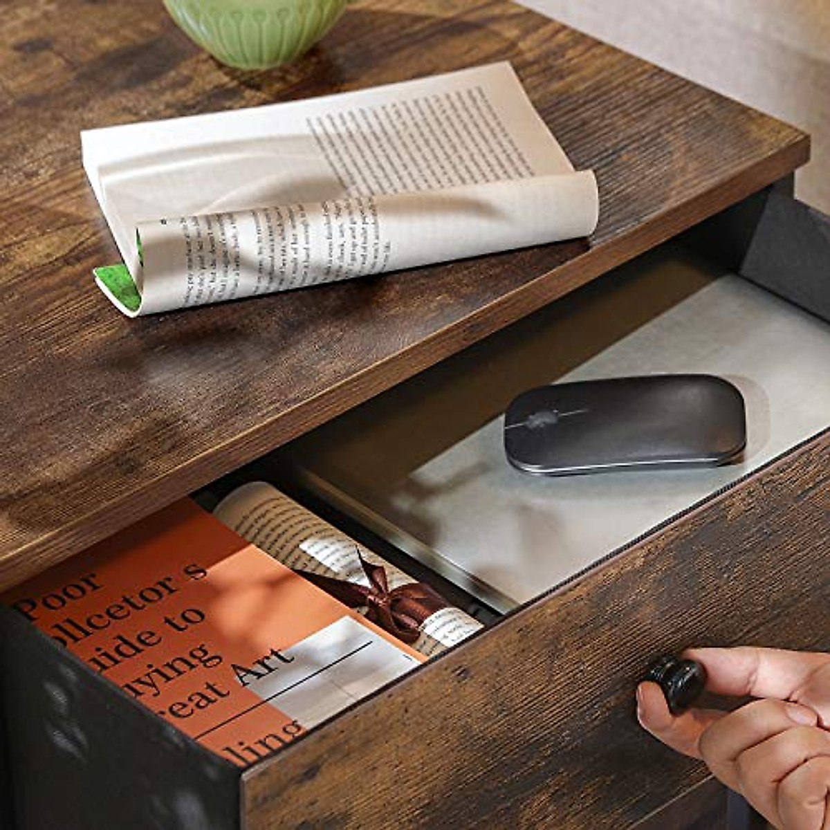 SONGMICS Dresser for Bedroom, Fabric Dresser with 4 Drawers, Wooden Top and Front, Metal Frame, Small Chest of Drawers, Rustic Brown and Black ULGS04H, 17.7 x 11.8 x 35.2 Inches