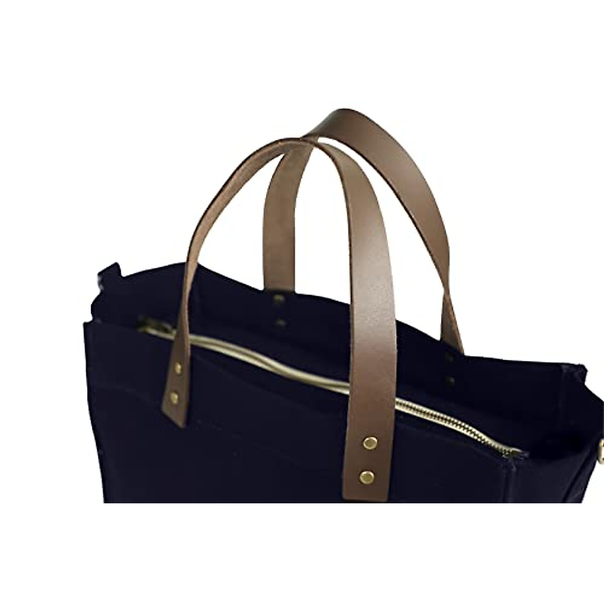 Tag&Crew Brooklyn Tote Canvas Bag with Leather Handles, Zippered Flap, 3 Pockets, Adjustable Shoulder Strap, Antique Brass Clips - Navy Blue