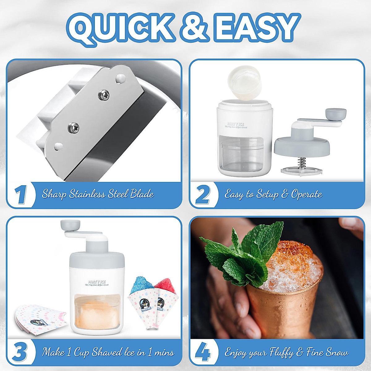 Party Ice Manual Shaved Ice Maker Machine, Ice Shaver Machine, Snow Cone Maker Machine, Portable Ice Crusher, 10 Cups 10 Spoon Straws & Recipes Included (Gray)