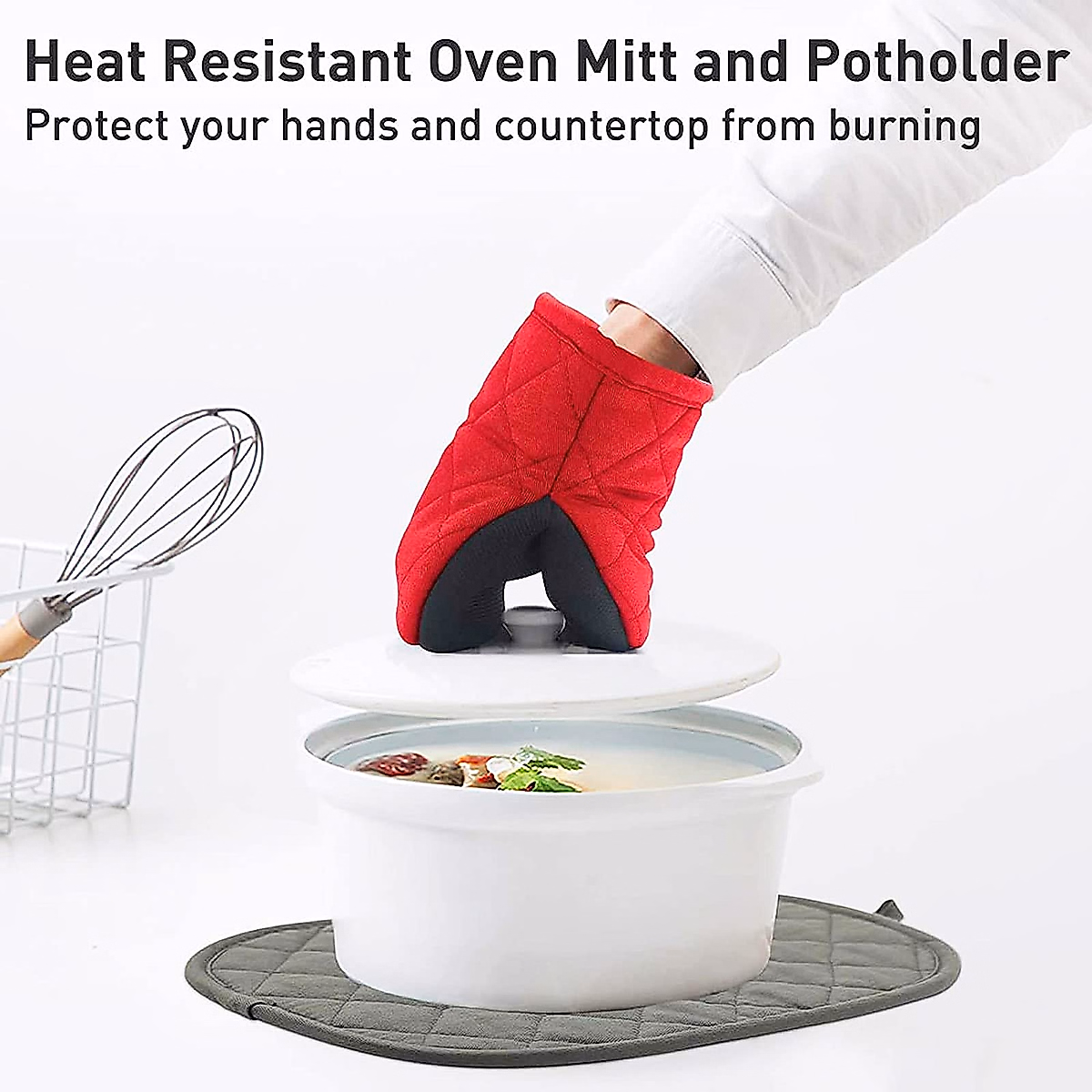 1 Pair Short Oven Mitts, Heat Resistant Silicone Kitchen Mini Oven Mitts for 500 Degrees, Non-Slip Grip Surfaces and Hanging Loop Gloves, Baking Grilling Barbecue Microwave Machine Washable