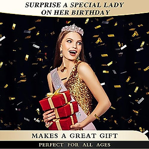 LMJUNZZ Rose Gold Birthday Princess Sash and Crown Set, Adjustable Glitter Sash Rhinestone Crown, Brooch, for Girls' Birthday Decorations