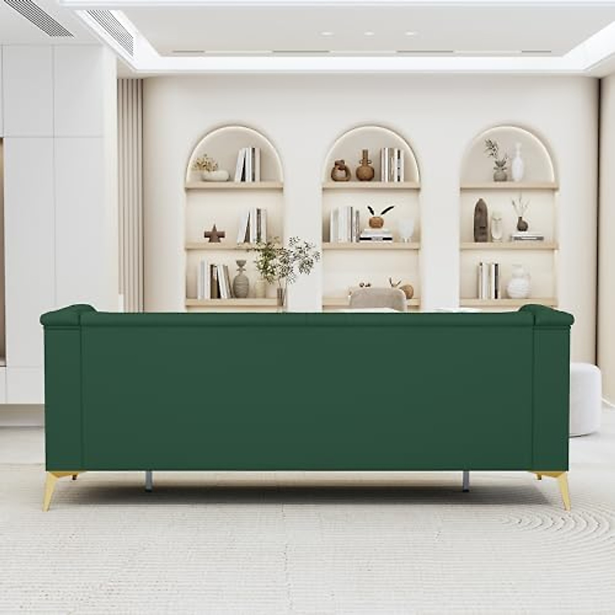 ERYE Mid-Century Modern PU Leather Button Upholstered Chesterfield 3 Seaters Sofa Couch, Golden Legs, Flared Padded Armrest,Removable Cushions Cover for Living Room,Bedroom,Office,Apartment