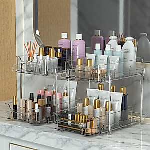 DEKAVA Under Sink Organizer 2 Pack，Bathroom Cabinet Organizer，2 Tier Sliding Cabinet Basket Organizer Drawer, Multi-Purpose Bath Collection Baskets for Bathroom (Clear)