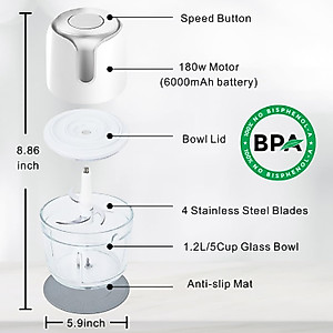 Food Processor Cordless, Small Food Chopper with 5-Cup Glass Bowl, 6000mAh Battery USB-C Rechargeable Electric Vegetable Chopper Meat Blender Kitchen Mixer for Garlic, Onion, Salad, Baby Food (White)