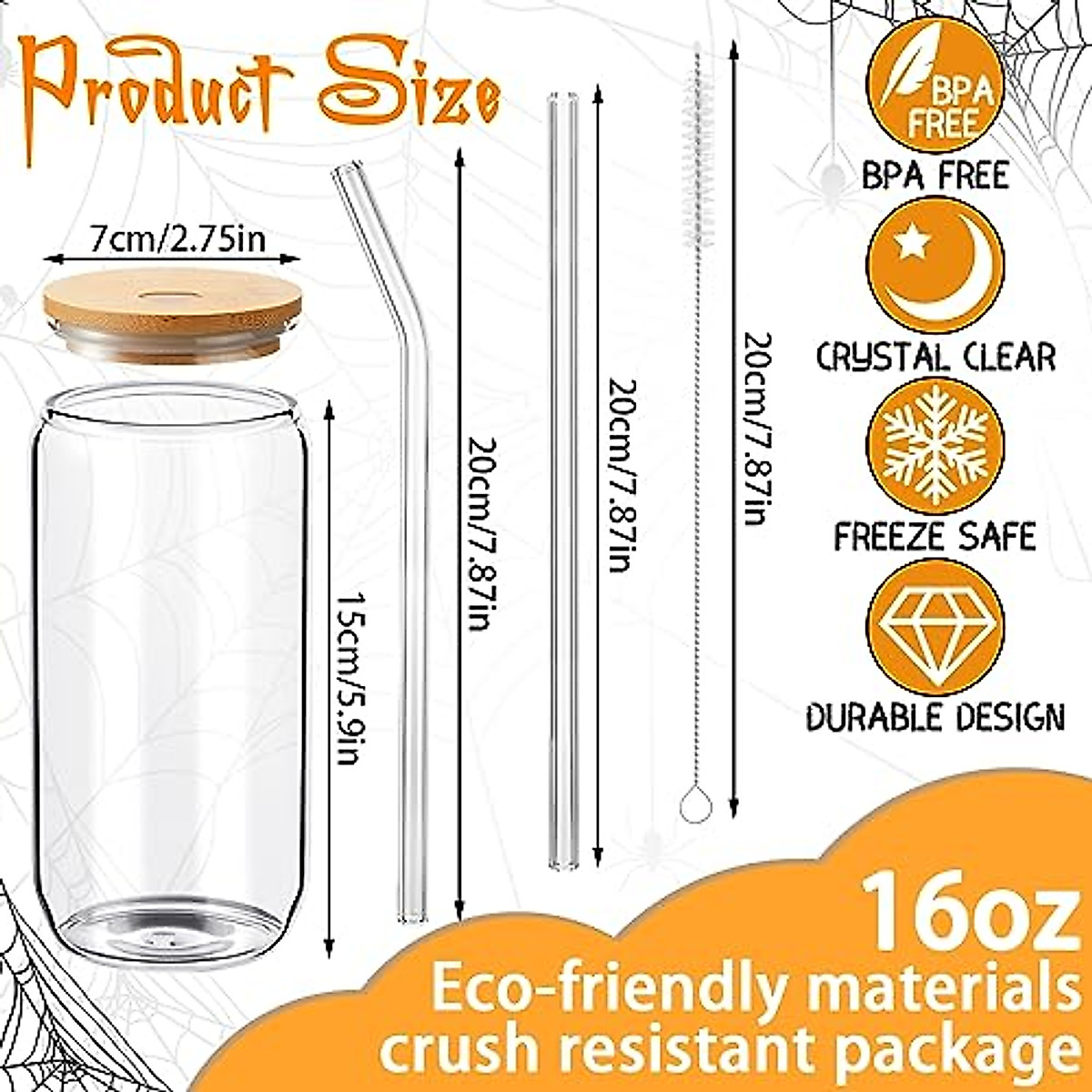 Dandat 8 Pack Halloween Glass Cups 16 oz with 12 Pcs Sublimation Picture for DIY Blank pumpkins Iced Coffee Beer Can with Lids and Straws Tumbler Mason Jar Cups Mug Drinking Borosilicate Glass