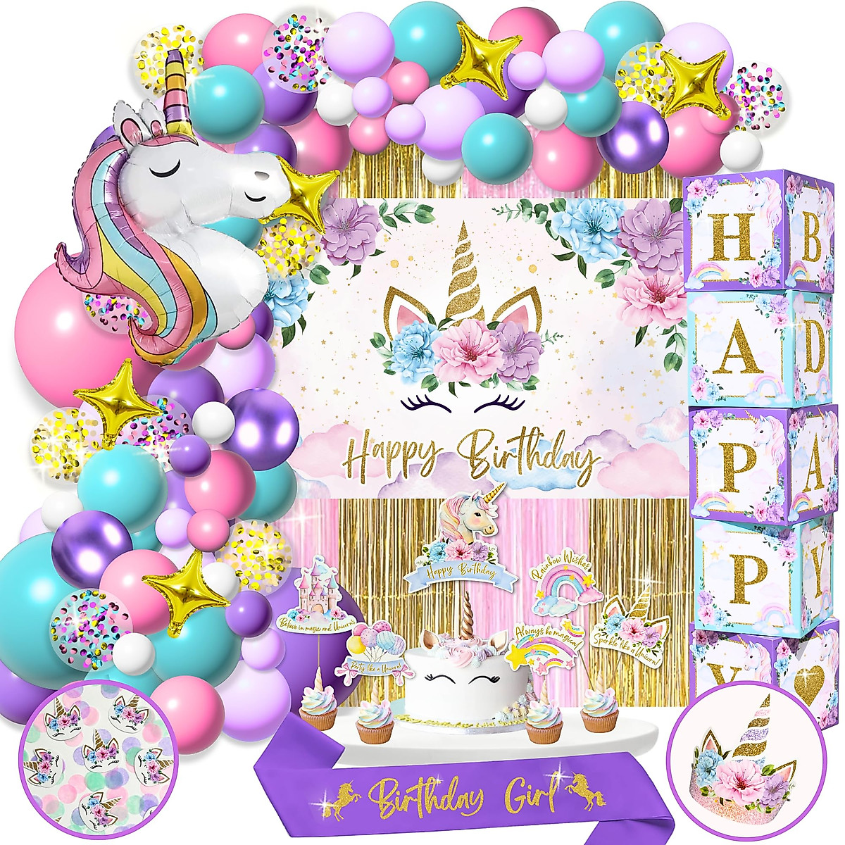 245 Pieces RainMeadow Unicorn Birthday Decorations for Girls Kit, All-in-1 Party Supplies Pack With Balloon Garland, Fringe Curtains, Foil Balloons, Backdrop, Crown, Sash - Pink, Purple, Teal, Gold
