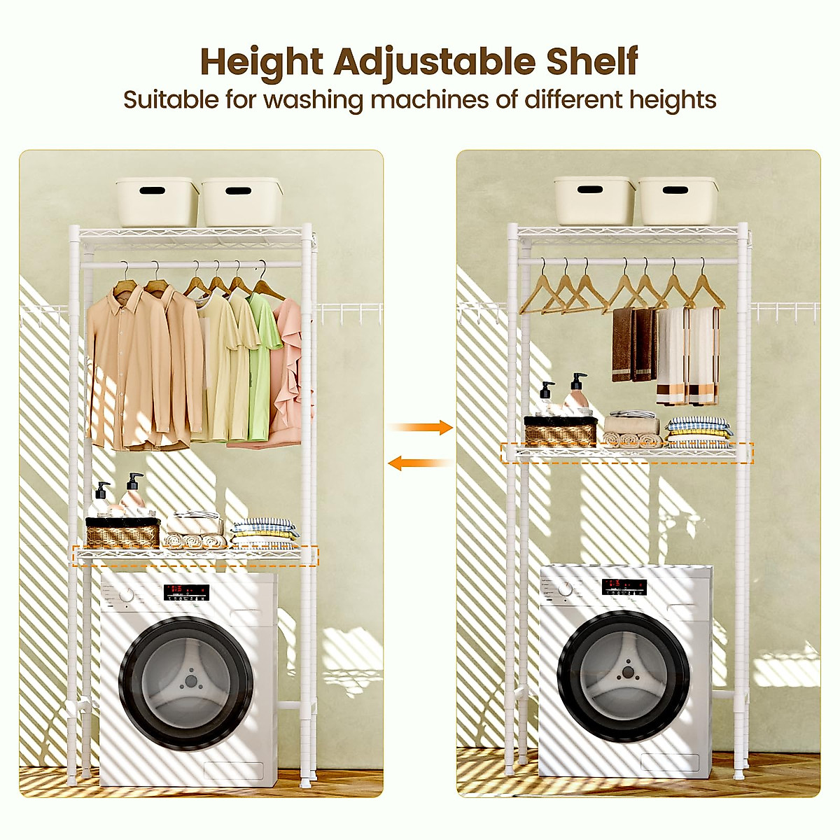 Memobarco Over Washer and Dryer Shelves, 2 Tiers Metal Clothes Drying Rack, Laundry Room Bathroom Organization, Space Saving Freestanding Closet Organizer Storage with Wire Shelves Side Hooks, White