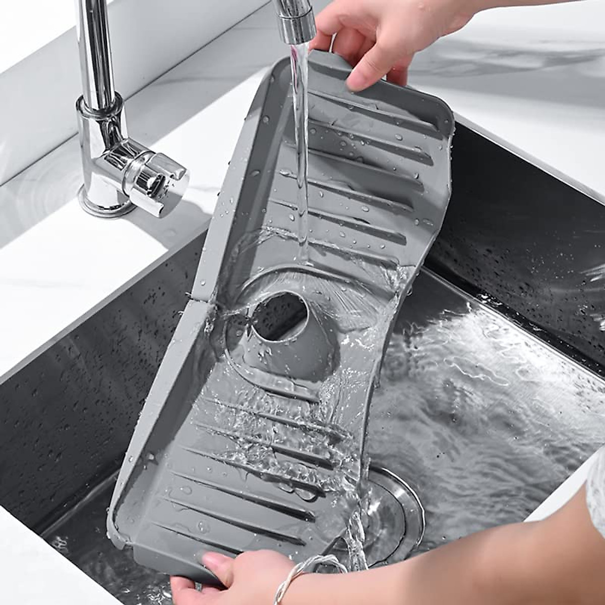 bepinkind Silicone Faucet Splash Guard-[Upgrade Steeper Slope],Silicone Faucet Water Catcher Mat, Silicone Sink Mat for Kitchen/Bathroom,Silicone Faucet Mat Sink Water Splash Guard. (Vertical-White)