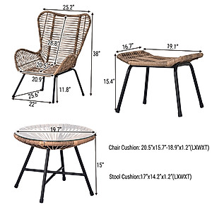 Merax Dark Gray 5-Piece Outdoor Patio Rattan Bistro Set, All-Weather PE Wicker Arm Stools and Glass Tea Balcony, Porch Yard Natural, 2 Chairs + 1 Table