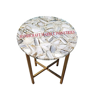 Natural Grey White Brown Agate Round 24" x 24" Inch Round Coffee Table with Metal Base, Stone Coffee Table, Round Agate Coffee Table Top with Metal Stand, Piece Of Conversation, Family Heir Loom