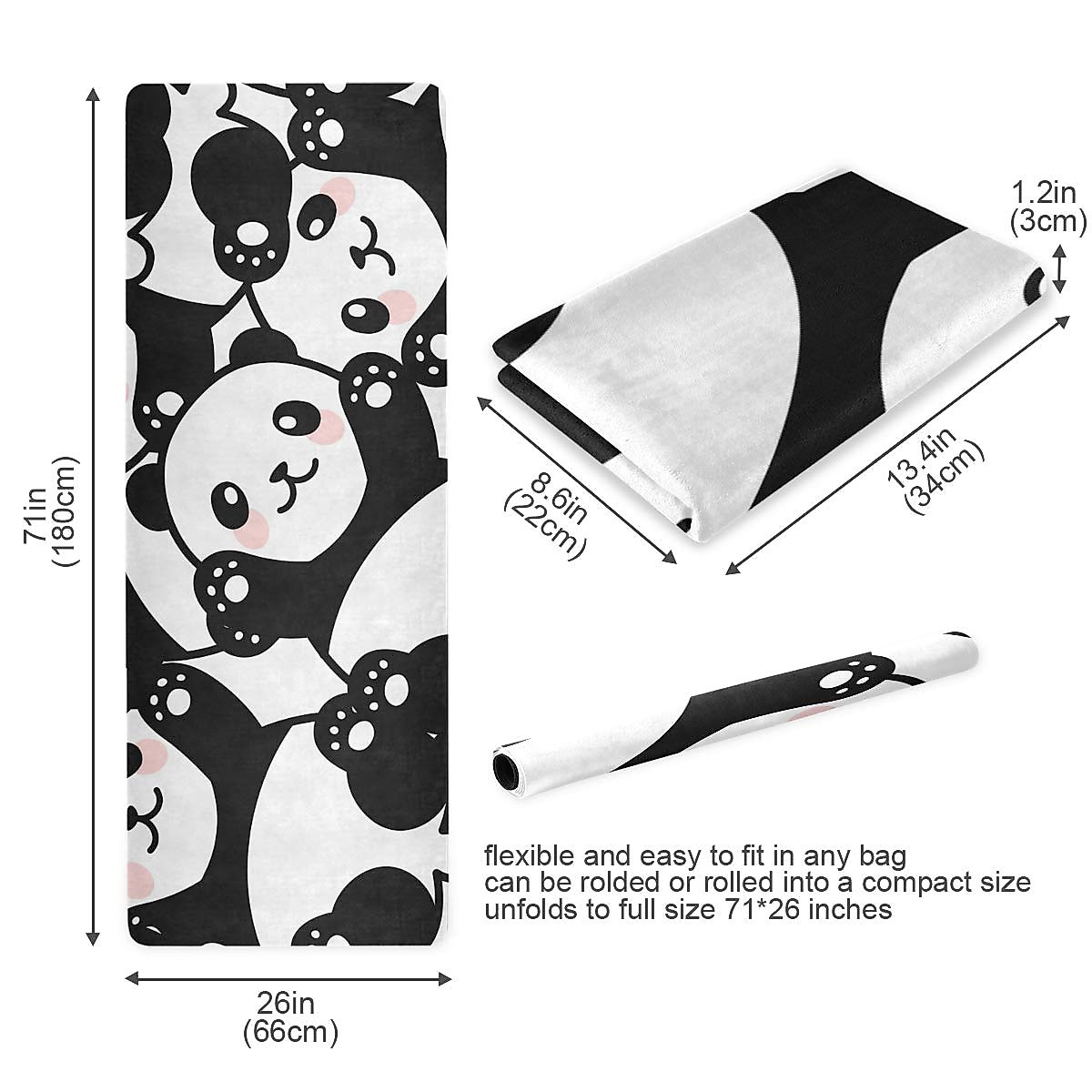 Qilmy Panda Yoga Mat Non-Slip Foldable Sweat Absorbent Travel Yoga Mat with Carrying Bag for Yoga, Pilates, Exercise, Workout, Bikram and Hot Yoga 71 x 26 Inch