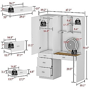 FAMAPY Armoire Wardrobe with Vanity Desk and Lighted Mirror, Armoire with Hanging Rod, Drawers & Shelves, Glass Tabletop, Armoire Closet for Bedroom White (47.2”W x 19.1”D x 70.8”H)