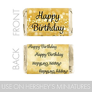Happy Birthday Party Miniatures Candy Bar Wrapper Stickers - Gold and Black - 45 Count