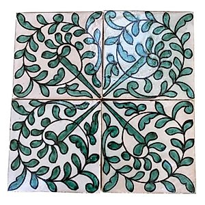 Green Flower Ceramic Tile Painted 4x4 - Moroccan Hand Painted Square Tile Zellige for Kitchen Backsplash, Outdoor/Indoor Tiles Bathroom or Shower Tile, Handmade Ceramic Traditional Tile (50 Tiles)