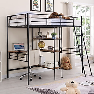 P PURLOVE Twin Size Metal Loft Bed with Desk for Kids,Girls,Boys,Twin High Loft Bed with Storage Shelves and Built in Ladder for Living Room,No Box Spring Needed,Black