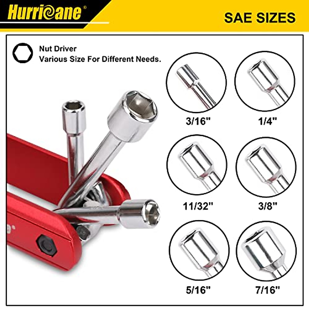 HURRICANE 6 in 1 Folding Nut Driver Set SAE, Hex Nut Driver Set, Cr-V Steel Shank. Premium Portable Premium Aluminum Handle. Easy to Carry Out, 3/16, 1/4, 5/16, 11/32, 3/8, 7/16 inch