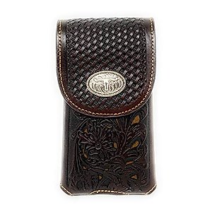 Texas West Western Cowboy Tooled Floral Leather Longhorn Concho Belt Loop Cell Phone Holster Case in 4 Colors (Cofee)