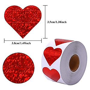 SeBeauty 1000 Red Heart Shaped Stickers, Laser Paper, 1.5'' Roll, Wedding, Valentine, Decoration Supplies
