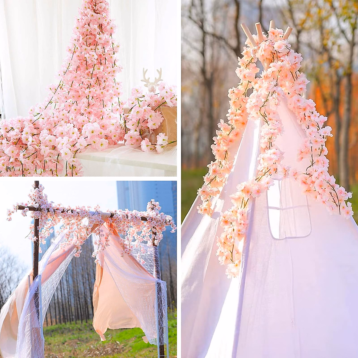 CEWOR 4pcs Artificial Cherry Blossom Flower Vines Artificial Flowers Outdoor Hanging Silk Flowers Garland for Wedding Party Home Bedroom Decor Japanese Kawaii Cute