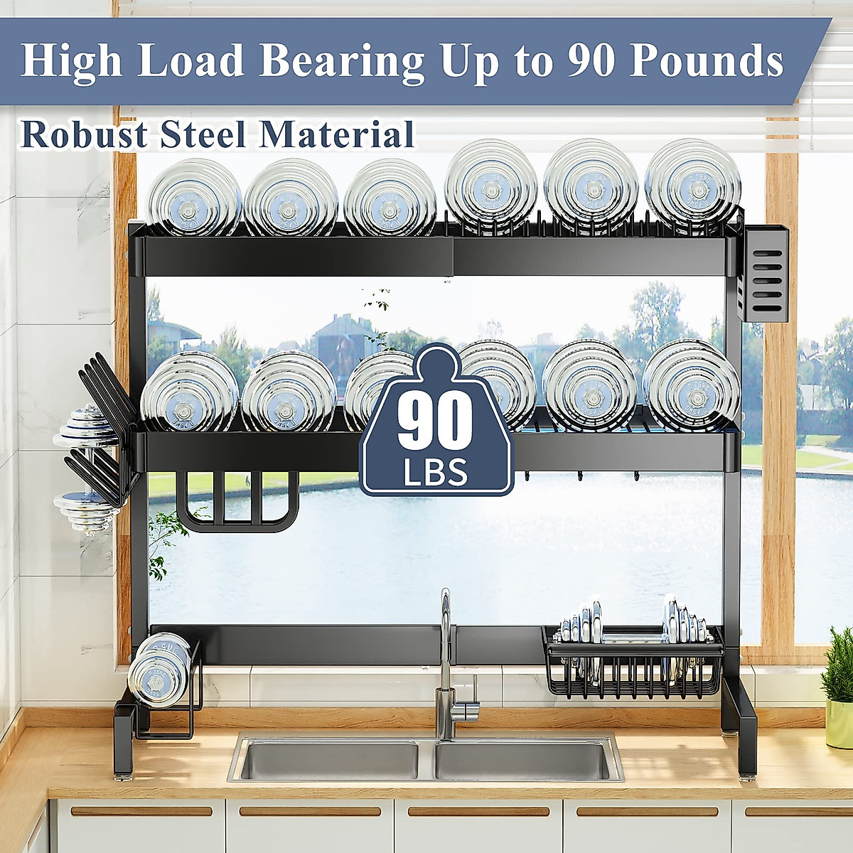 Over The Sink Dish Drying Rack, 3 Tier Dish Drying Rack Auto-Drain Expandable (19.9 to 34 inch) Kitchen Counter Dish Drainer Rack with Metal Steel Utensil Cup Holder Sink Caddy, Black