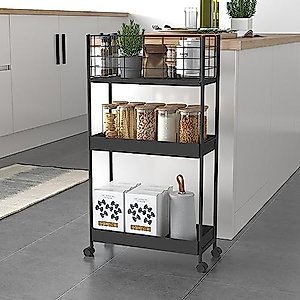 FANSPRO Slim Storage Cart, 3 Tier Metal Utility Cart with Wheels, Mobile Rolling Kitchen Cart Slide Out Narrow Storage Cart for Laundry Room Bathroom Small Spaces, Black