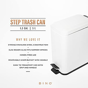 BINO | Rectangular Step Trash Can | 1.3 Gallon/5 Liter Stainless Steel Garbage Can with Lid, Non-Slip Stepper for Home Office Bathroom Kitchen | Matte White