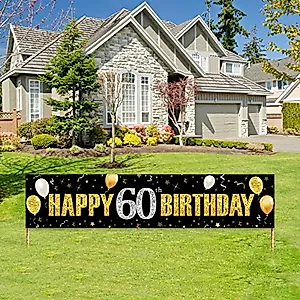 60th Birthday Banner Decorations for Men Women, Black Gold Happy 60 Birthday Yard Banner Sign Party Supplies, Sixty Year Old Birthday Party Decor for Indoor Outdoor