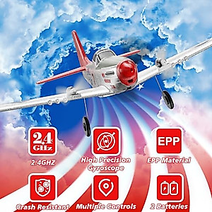 28℃ Remote Control Airplanes, 2.4Ghz 2CH RC Plane Toy Gift for Kids & Adults, P51 Mustang Remote Control Plane for Beginners with Gyro Stabilization System (RED)