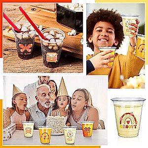 meekoo 100 Pcs 12 oz Groovy Party Disposable Plastic Cups Hippie Boho Groovy Daisy Flower Cups for Retro Birthday Wedding Thanksgiving Day Christmas Party Supplies