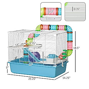 PawHut 3-Tier Large Hamster Cage with Tubes and Tunnels, Portable Carry Handles, Toy-Filled Steel Small Animal House, Includes Exercise Wheel, Water Bottle, Food Dish, 23" x 14" x 18.5", Light Blue