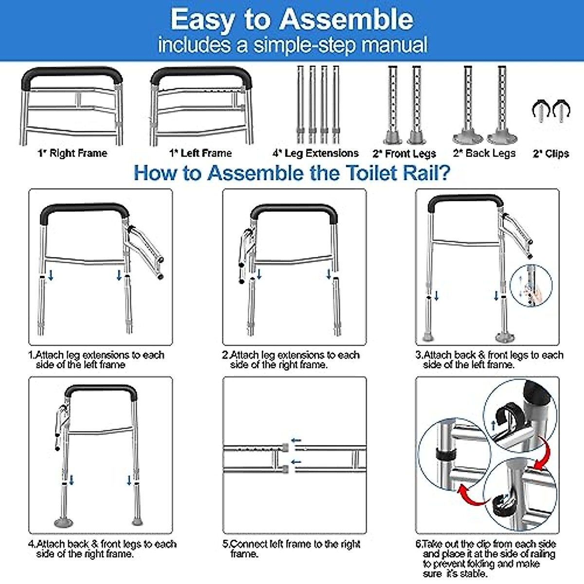 UGarden Stainless Steel Toilet Safety Rail, 350lbs Safety Frame for Toilet, Adjustable & Detachable Stand Alone Toilet Safety Rails, Toilet Frame for Elderly Adults - Fits Most Toilets