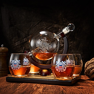 Coastguard Gift Whiskey & Wine Decanter Set & 4 Liquor Glasses - US Coast guard 800 ML Whiskey Decanter & 11 OZ Glass Set with Wood Base - Gifts for Men - Bourbon and Scotch Decanter Military Gifts