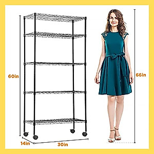 BestOffice 14"x30"x60" Storage Shelves Heavy Duty Shelving 5 Tier Layer Wire Shelving Unit with Wheels Metal Wire Shelf Standing Garage Shelves Storage Rack,Adjustable NSF Certified(Black)