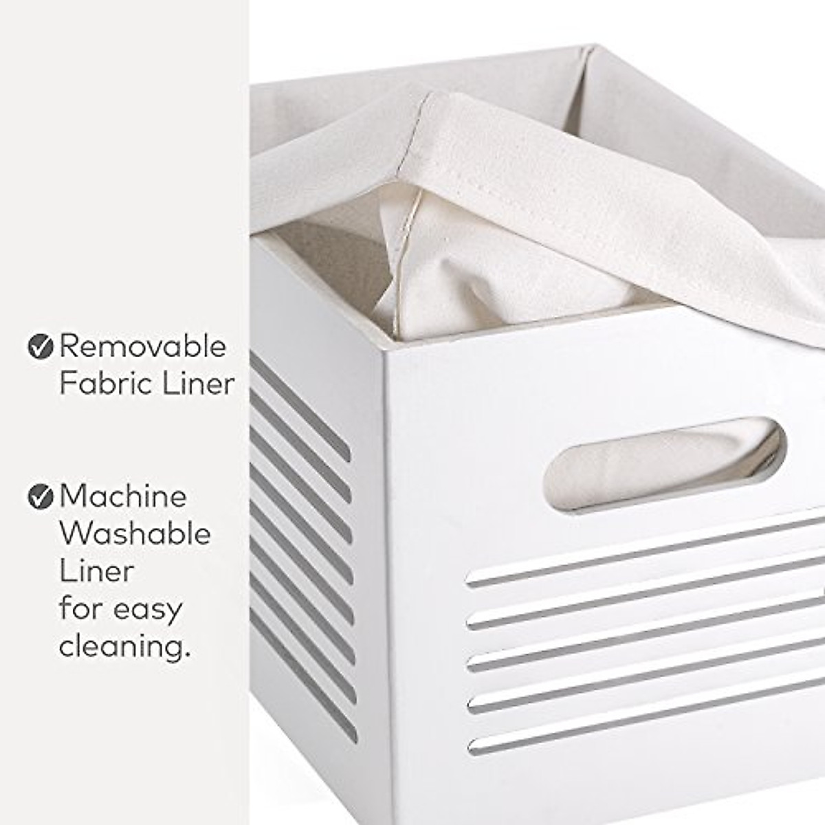 Wooden Storage Bin Container Crate - Decorative Storage Boxes Wood Crate for Closet Cabinet and Shelf Basket Organizer Lined with Machine Washable Soft Linen Fabric - White, Medium