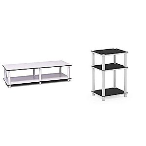 Furinno Just No Tools Wide TV Stand, White & Just 3-Tier Turn-N-Tube End Table/Side Table/Night Stand/Bedside Table with Plastic Poles, 1-Pack, White/White