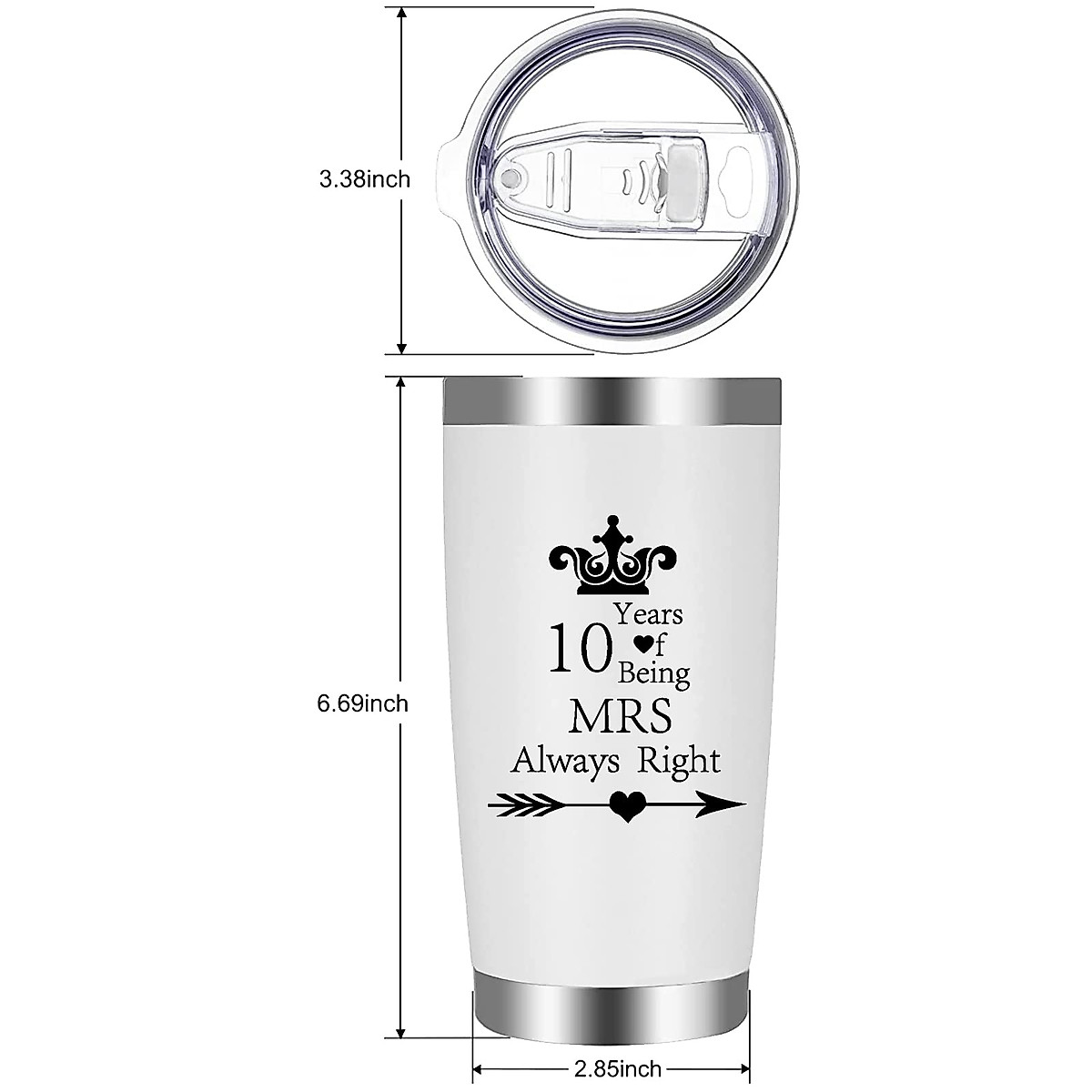 Set of 2 10th Wedding Engagement Anniversary Tumblers for Couples Parents 20 Ounce Stainless Steel Insulated Car Tumbler Travel Mug Mr Right Mrs Always Right 10 Years Anniversary Funny Present