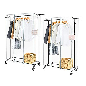 GREENSTELL Garment Rack with PVC Cover on Wheels (Standard Size) + Garment Rack with PVC Cover on Wheels (Lager Size), Heavy Duty Adjustable Clothing Rack with Extendable Hanging Railand Two Hooks
